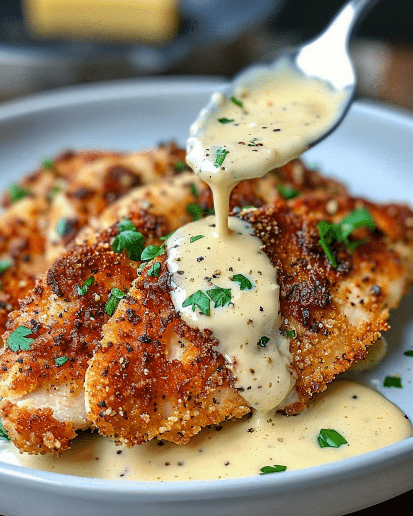 Parmesan Crusted Chicken with Creamy Garlic Sauce | JustGrandMa